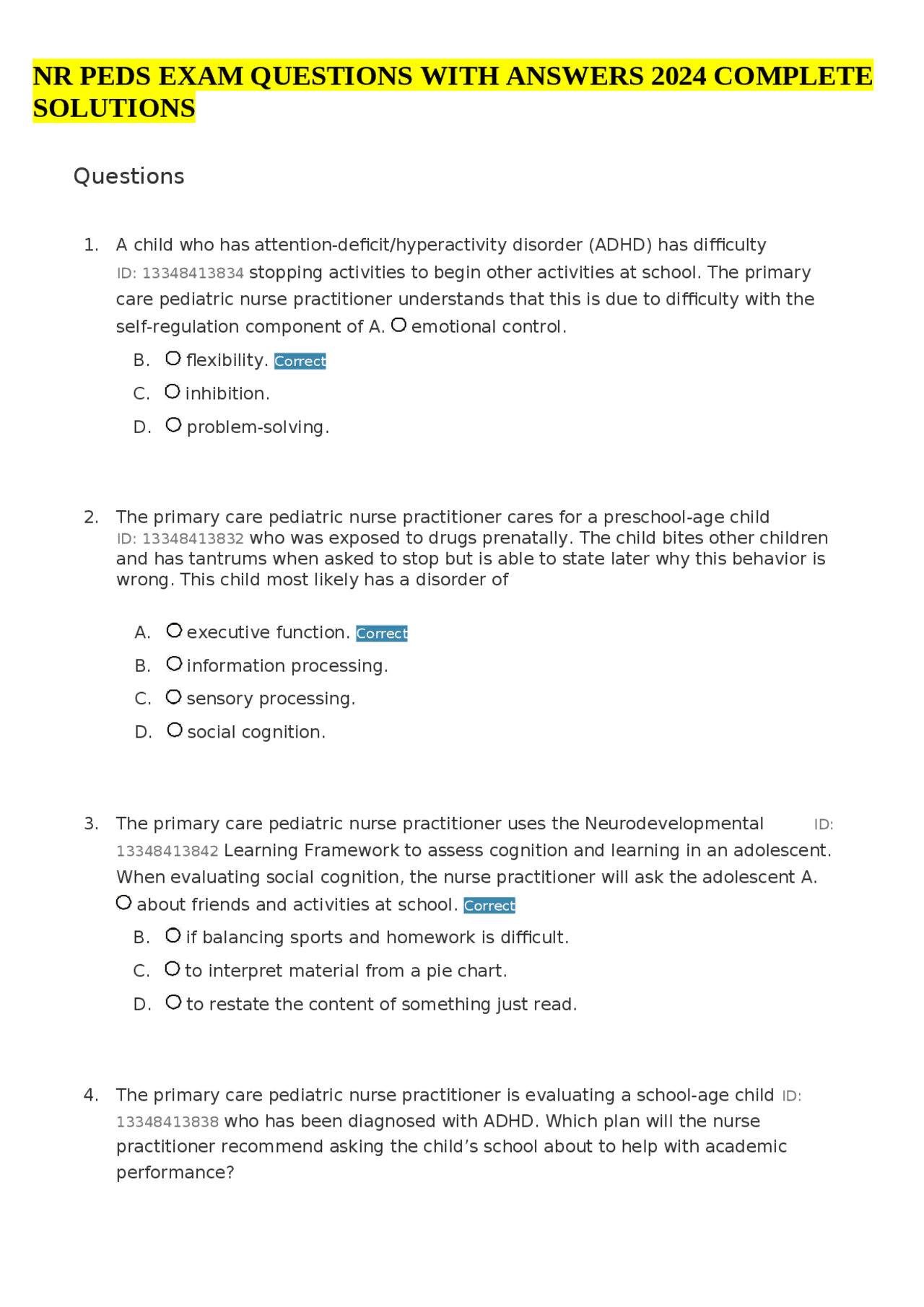 NR PEDS EXAM QUESTIONS WITH ANSWERS 2024 COMPLETE SOLUTIONS | Exams ...