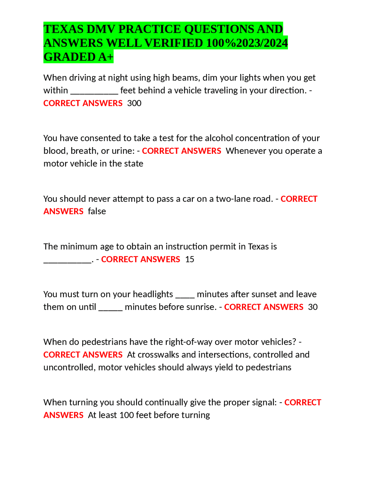 TEXAS DMV PRACTICE QUESTIONS AND ANSWERS WELL VERIFIED 100%2023/2024 ...