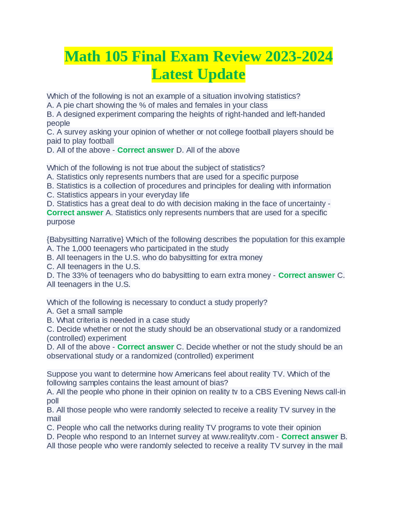 Math 105 Final Exam Review 2023-2024 Latest Update | Exams Mathematics ...