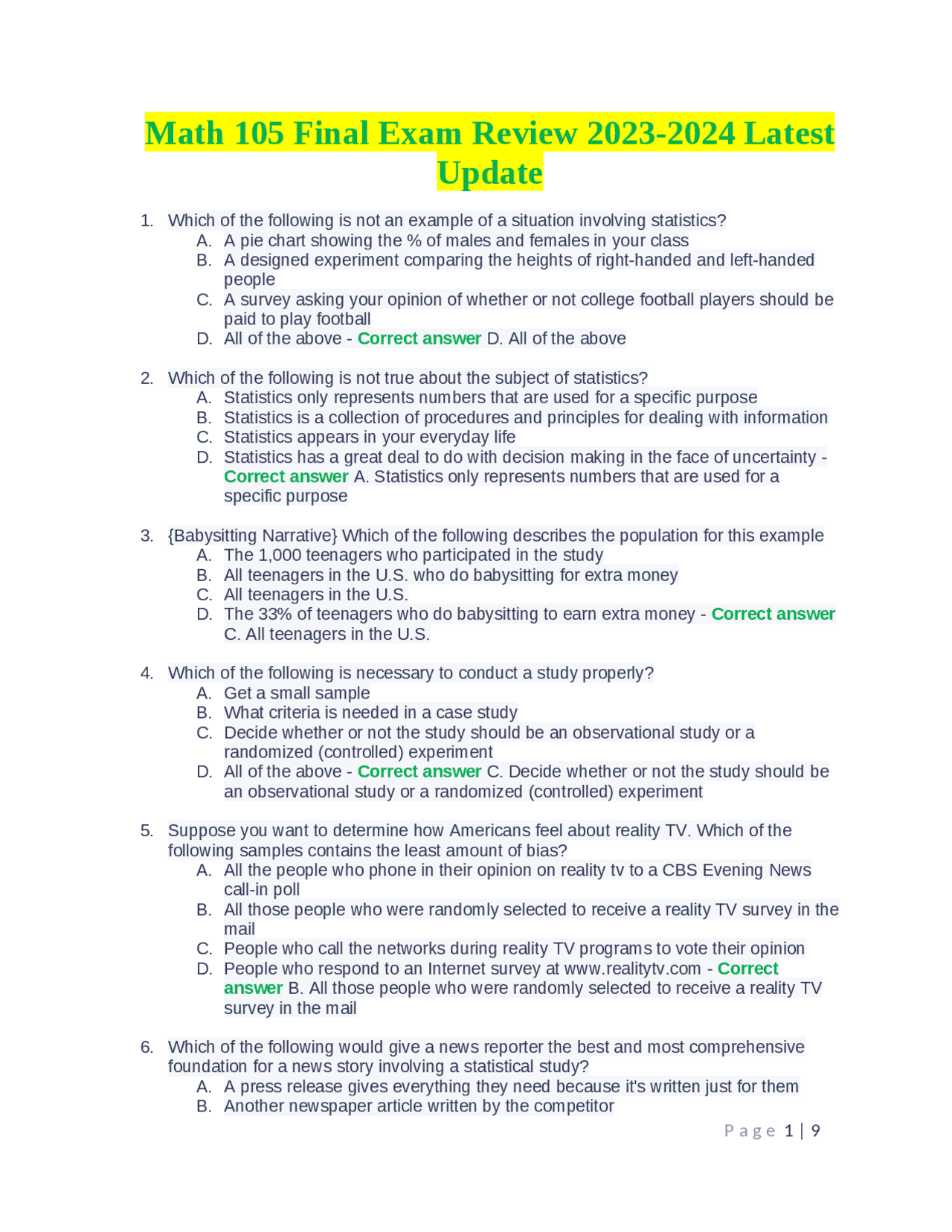 Math 105 Final Exam Review 2023-2024 Latest Update | Exams Mathematics ...