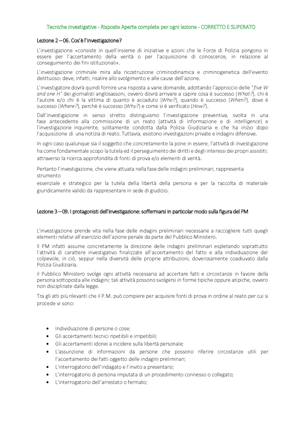 Tecniche investigative - Risposte Aperte complete per ogni lezione ...