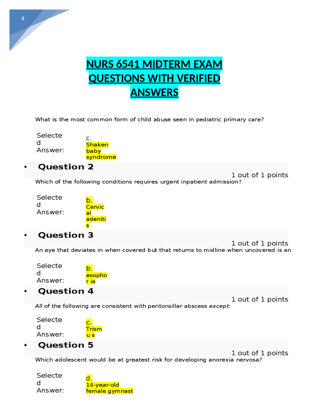 NURS 6541 MIDTERM EXAM QUESTIONS WITH VERIFIED ANSWERS | Exams Nursing | Docsity