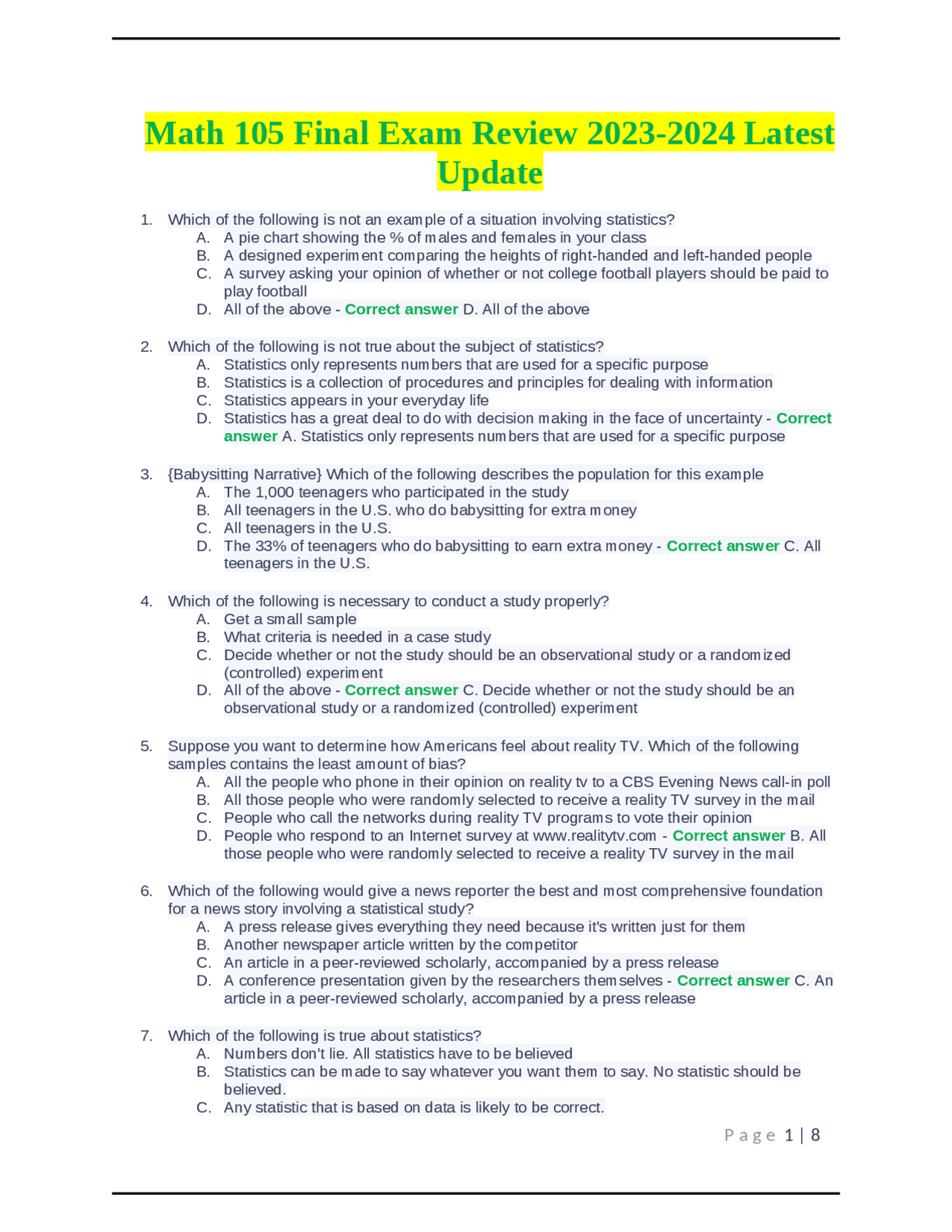 Math 105 Final Exam Review 2023-2024 Latest Update | Exams Mathematics ...