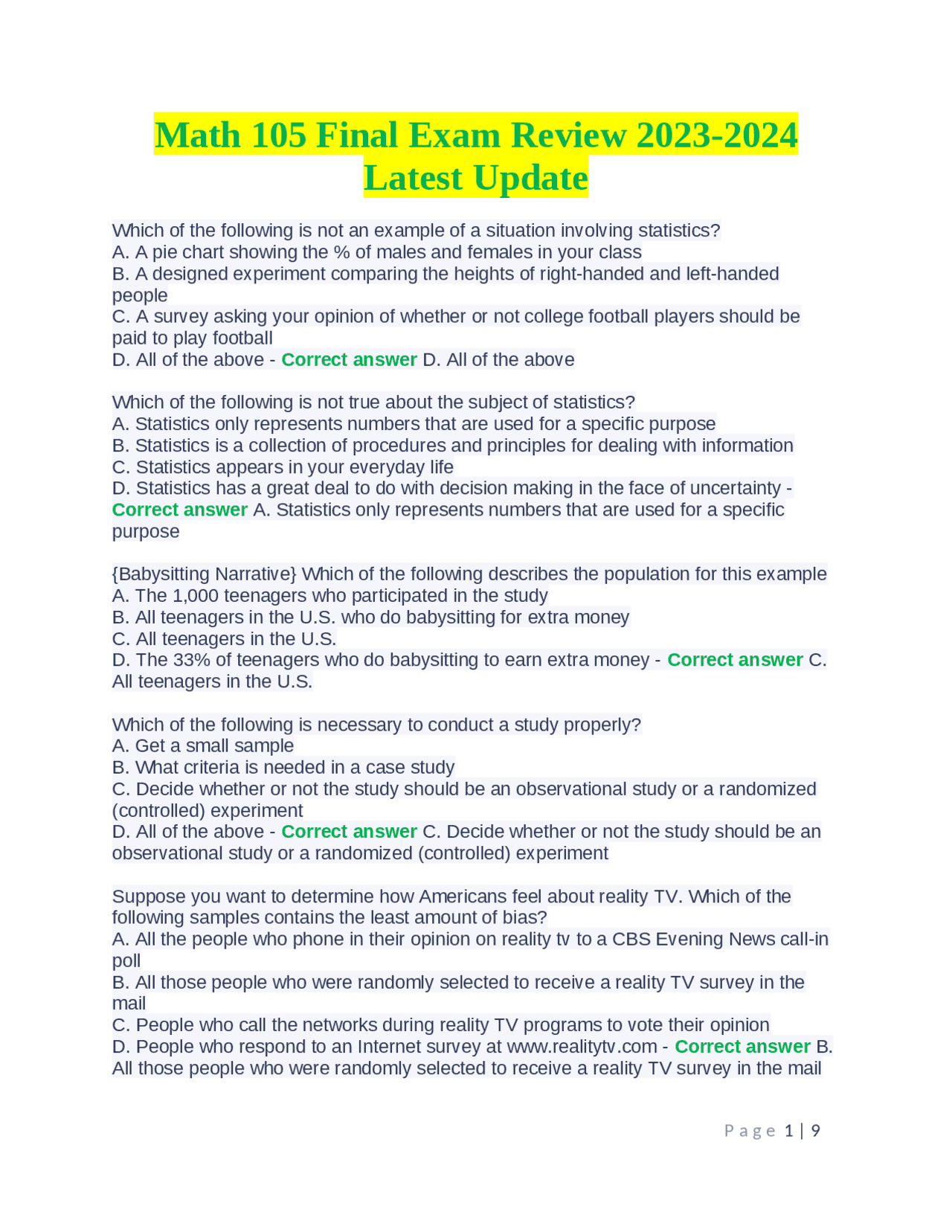 Math 105 Final Exam Review 2023-2024 Latest Update | Exams Mathematics ...