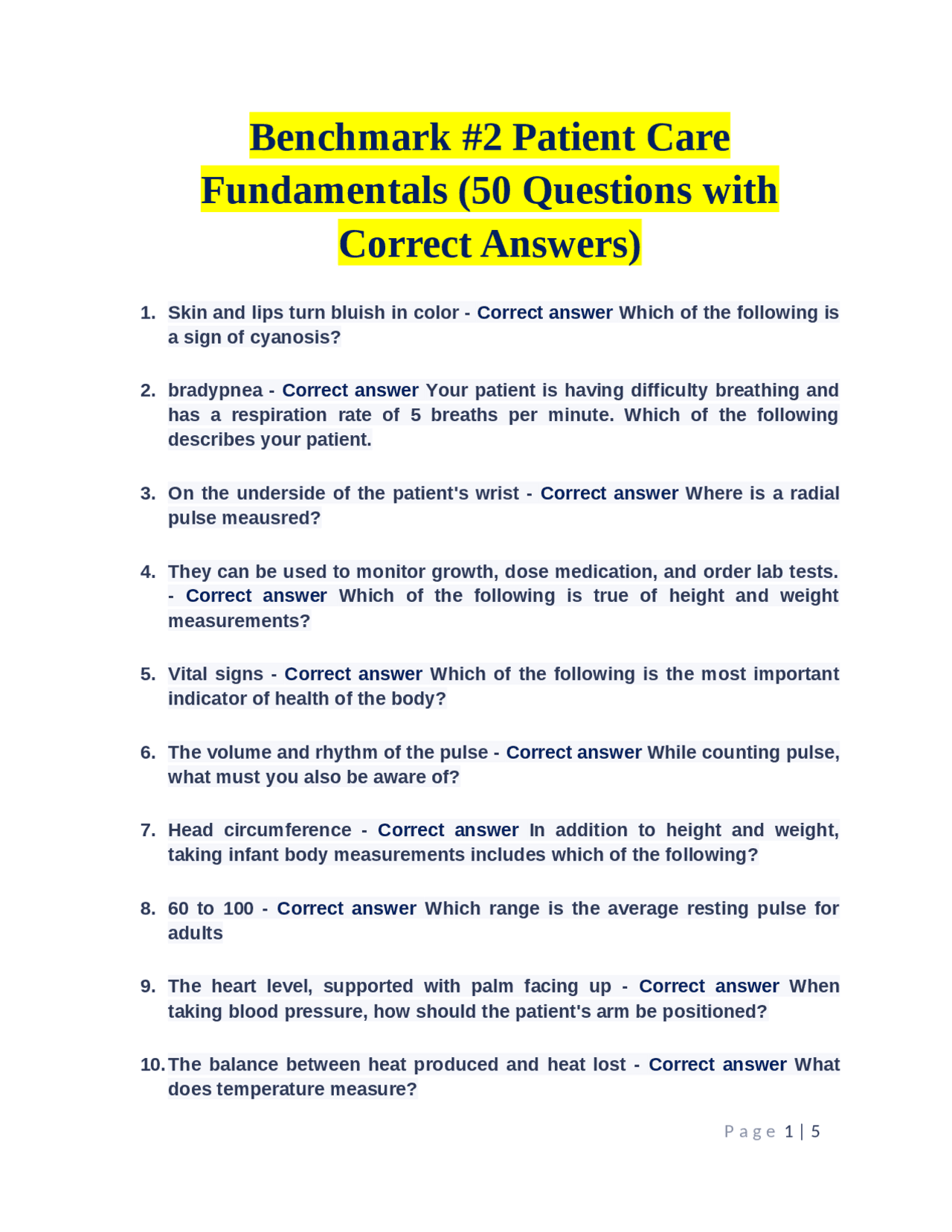 Benchmark #2 Patient Care Fundamentals (50 Questions with Correct ...