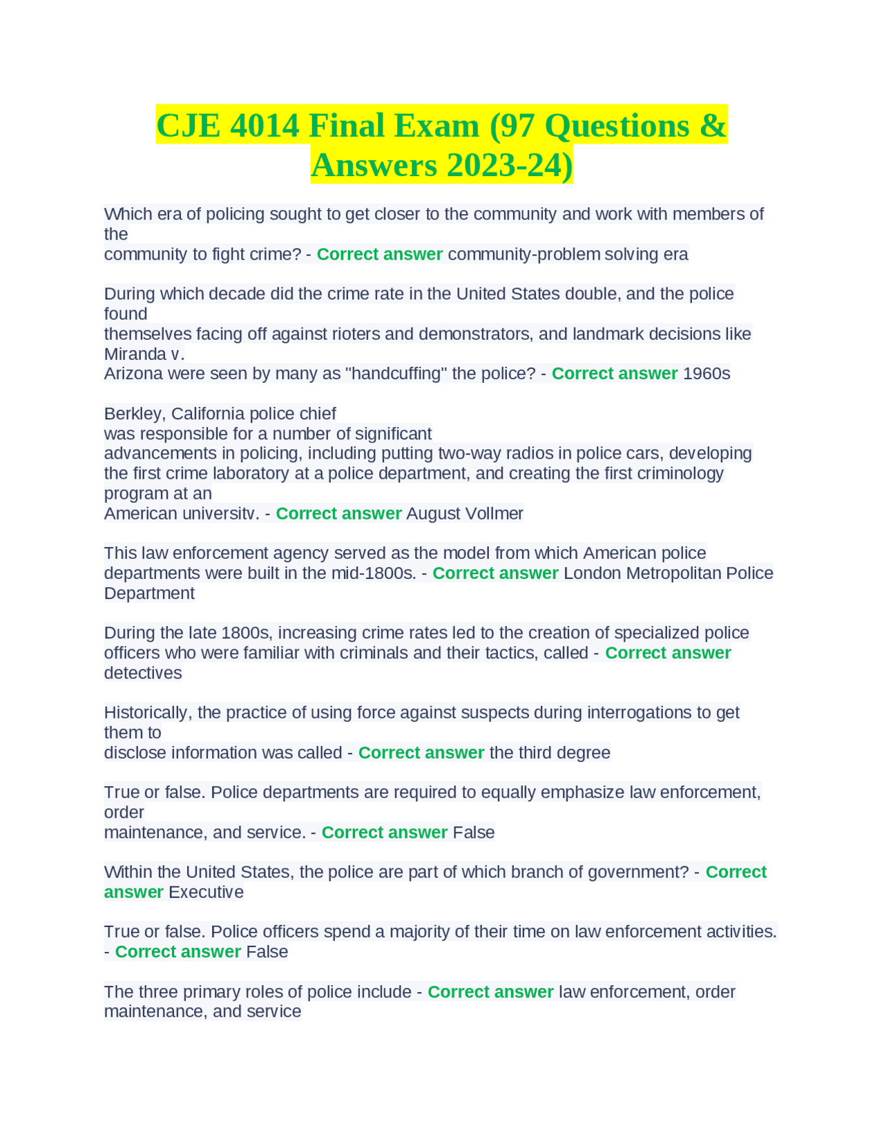 CJE 4014 Final Exam Questions & Answers | Exams Health sciences | Docsity