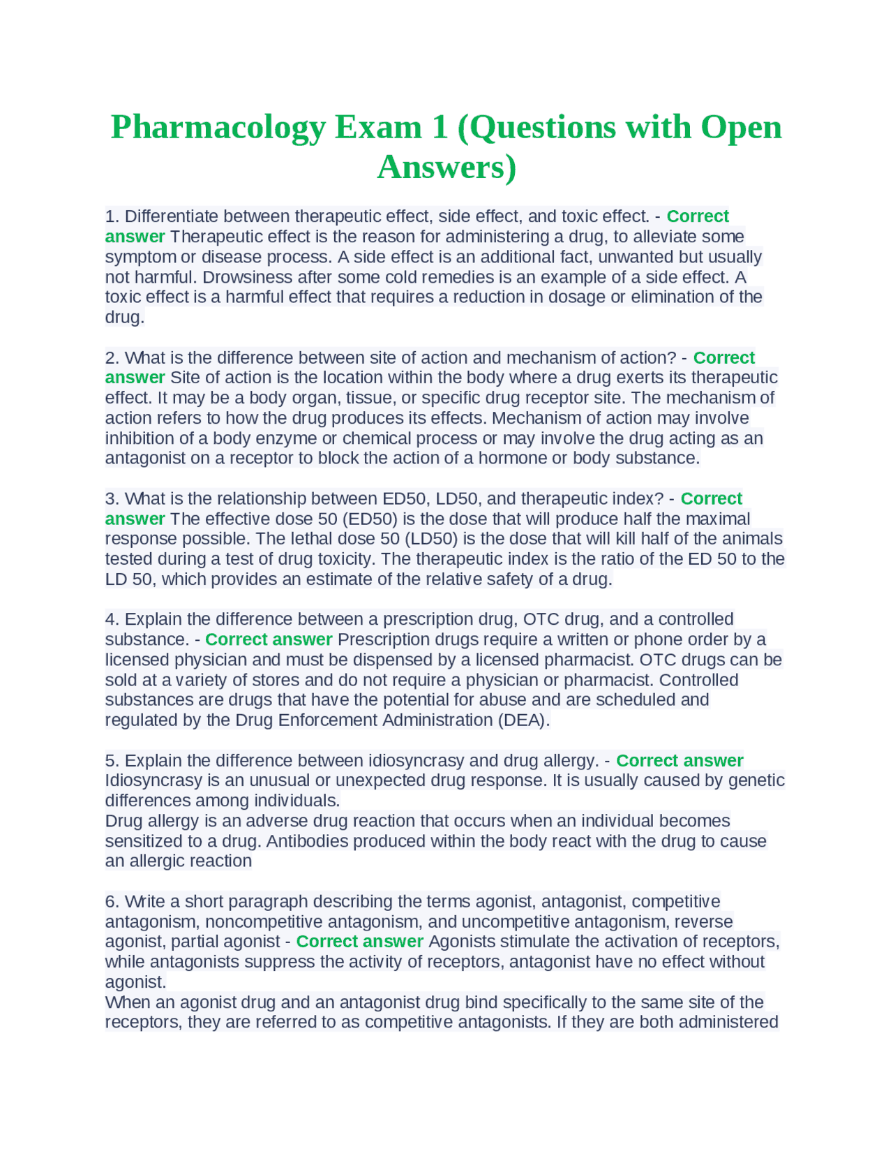 Pharmacology Exam 1: Open Answer Questions | Exams Pharmacology | Docsity