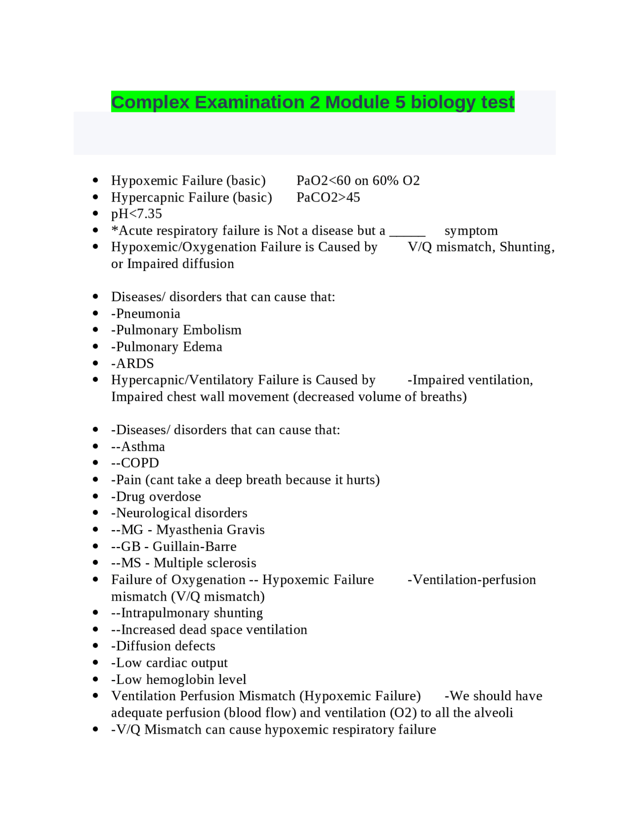 Complex Examination 2 Module 5 biology test | Exams Nursing | Docsity