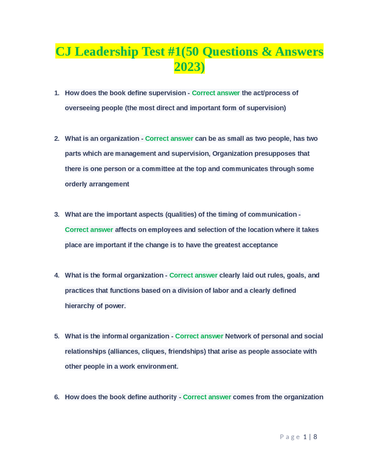CJ Leadership Test #1(50 Questions & Answers 2023) | Exams Leadership ...