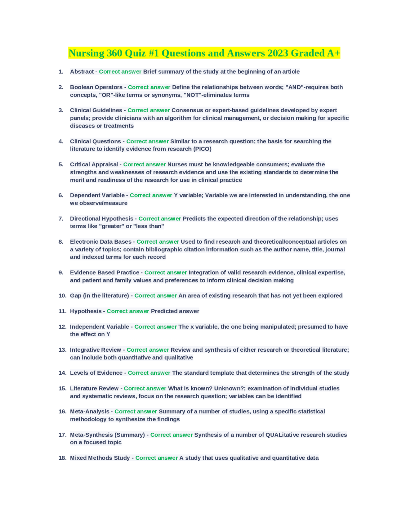 Nursing 360 Quiz #1 Questions and Answers 2023 Graded A+ | Exams ...
