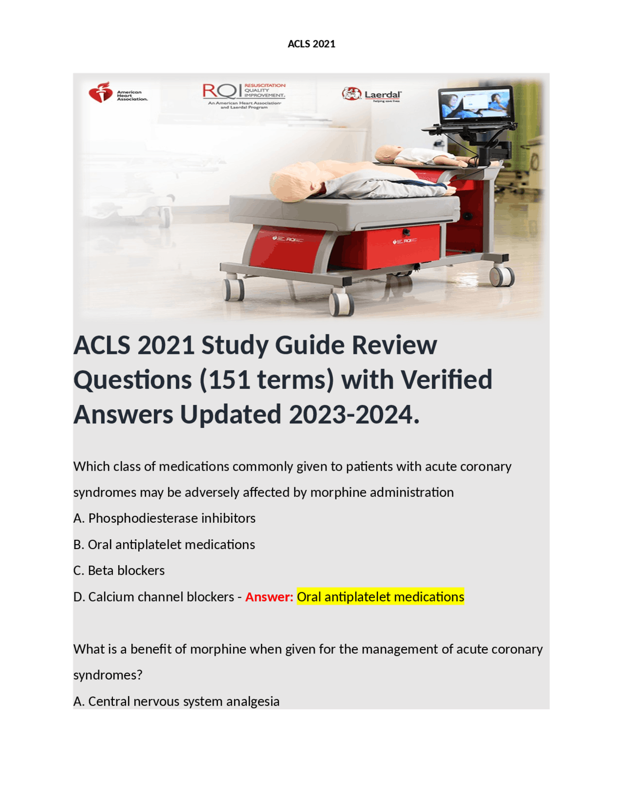ACLS 2021 Study Guide Review Questions (151 terms) with Verified ...