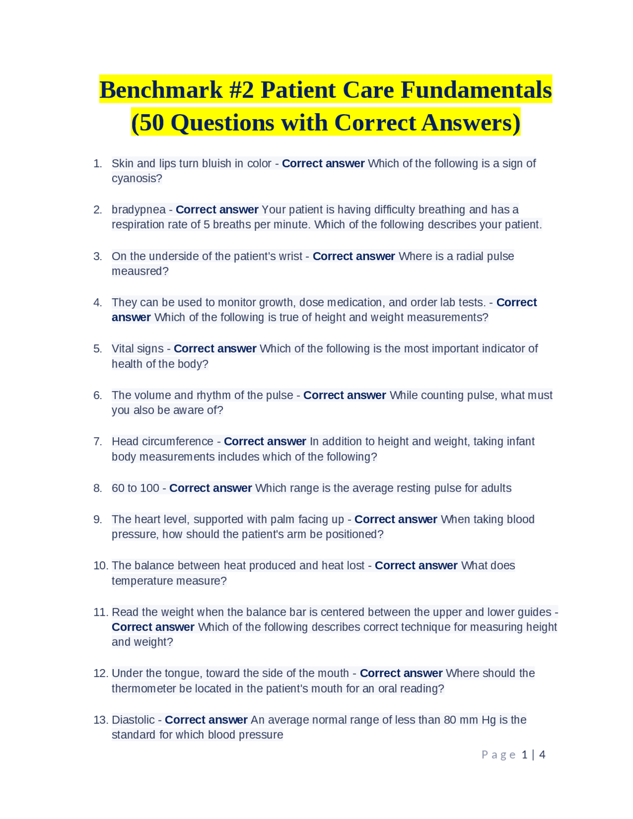 Benchmark #2 Patient Care Fundamentals (50 Questions with Correct ...