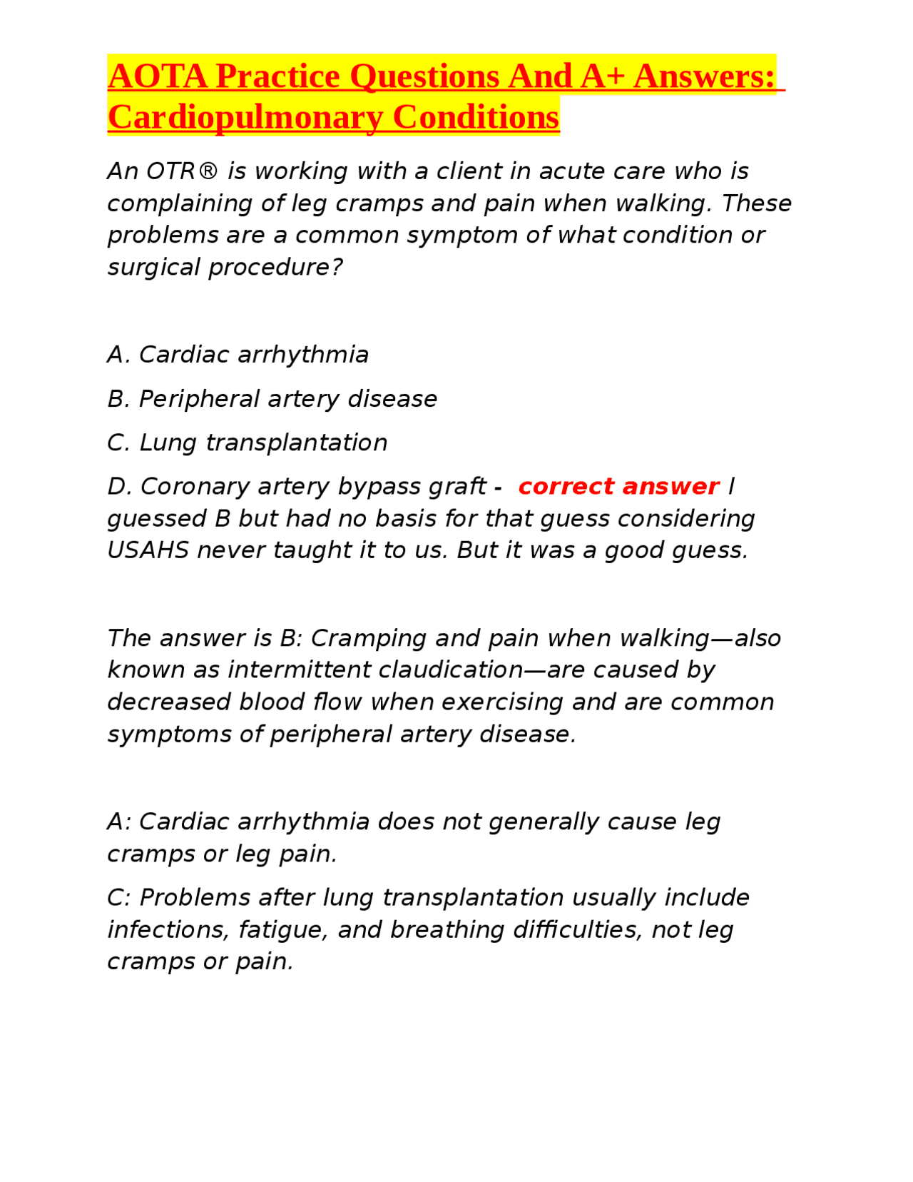 AOTA Practice Questions And A+ Answers: Cardiopulmonary Conditions ...