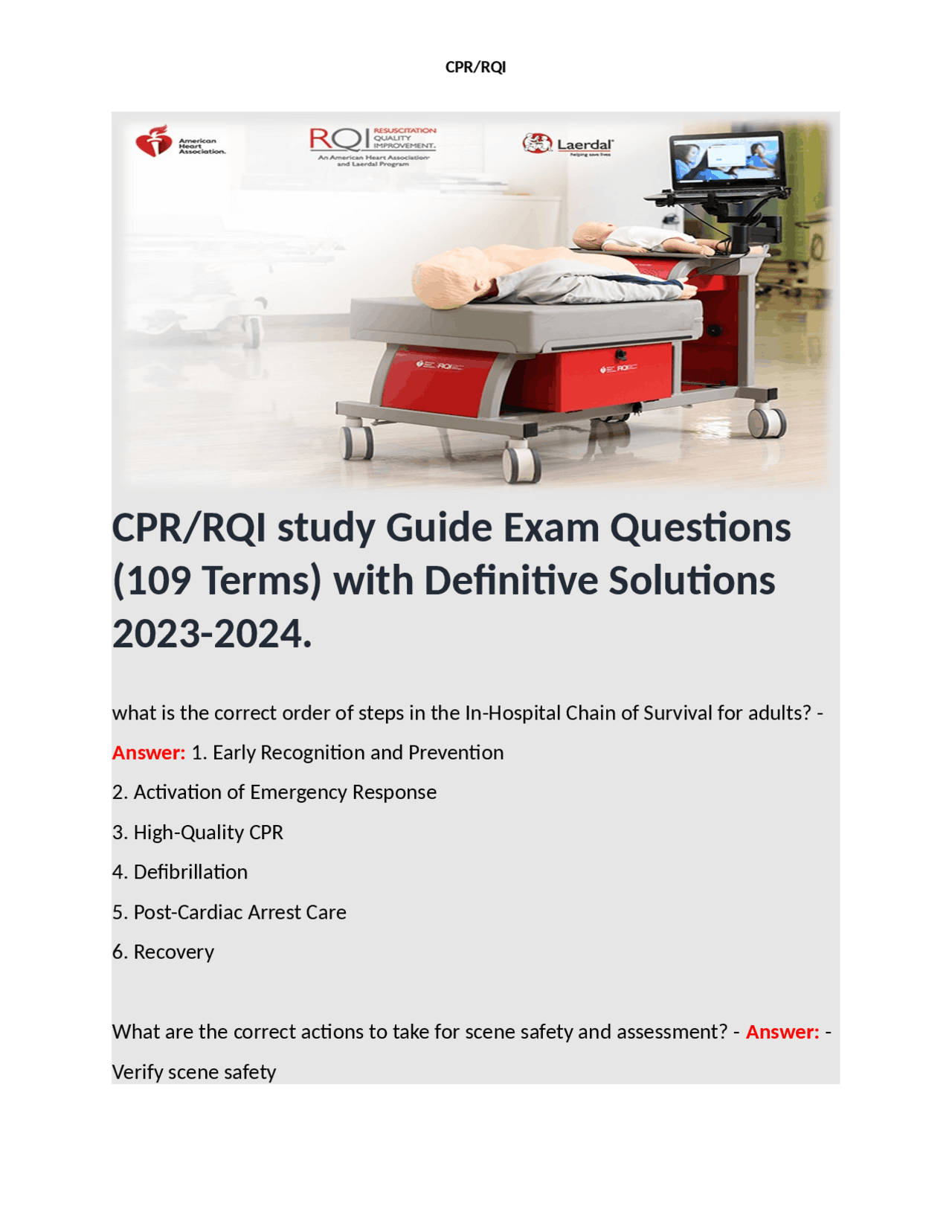 CPR/RQI Study Guide Exam Questions with Definitive Solutions | Exams ...