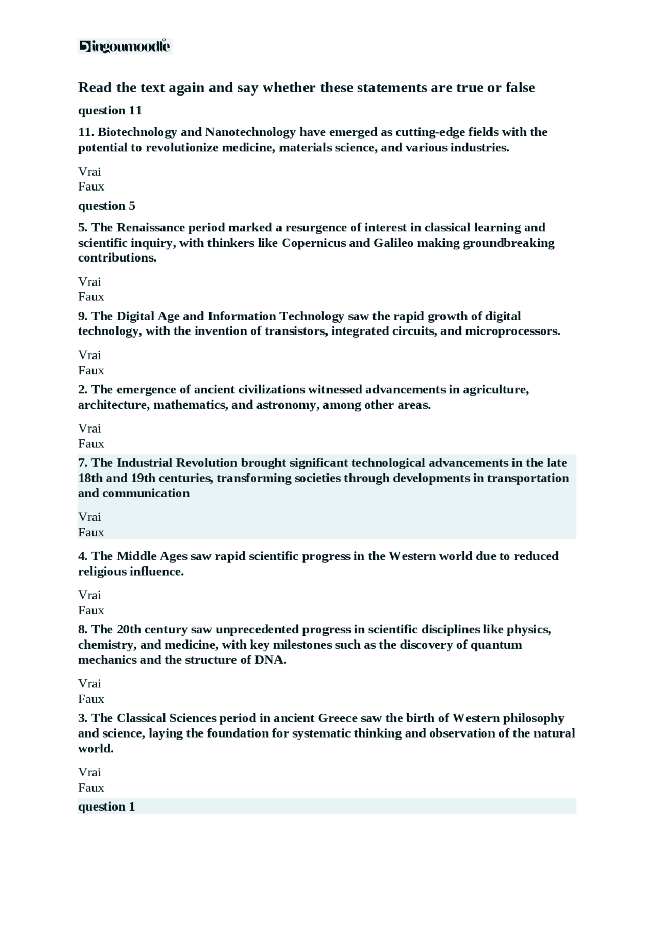 Civilisation task 1(lesson 3) QCM | Quizzes Technical English | Docsity