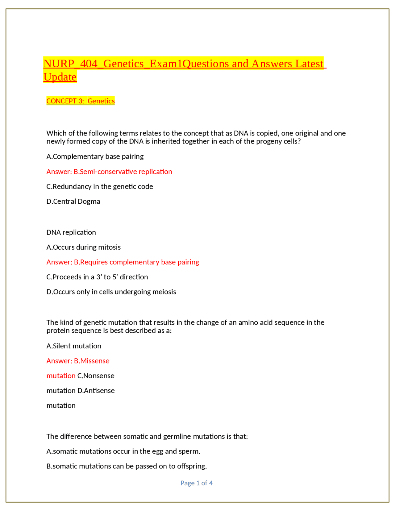 Genetics Exam Questions and Answers | Exams Biology | Docsity