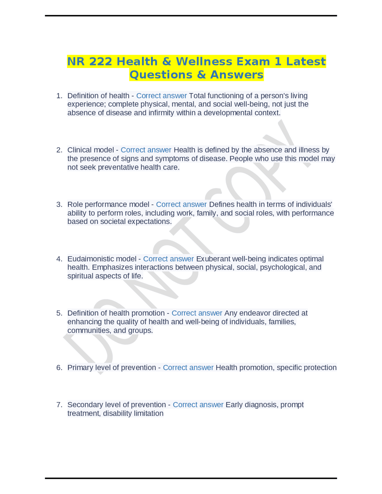 NR 222 Health & Wellness Exam 1 Latest Questions & Answers | Exams ...