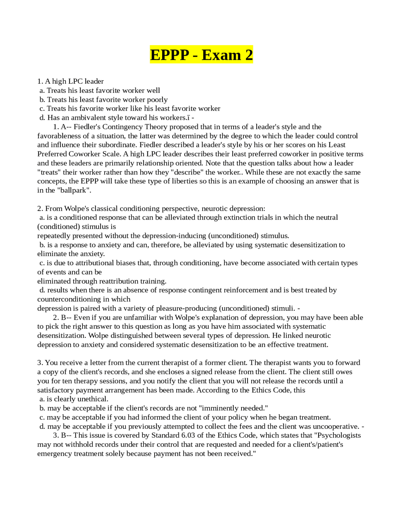 EPPP Exam 2 | Exams Psychology | Docsity