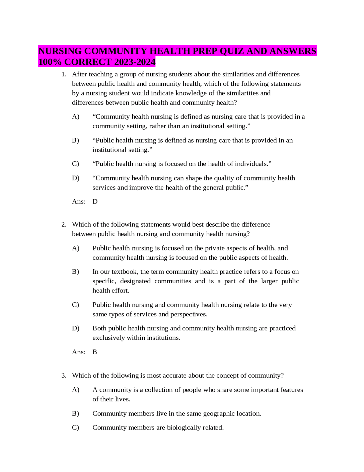 Nursing Community Health Prep Quiz and Answers | Exams Community Health ...