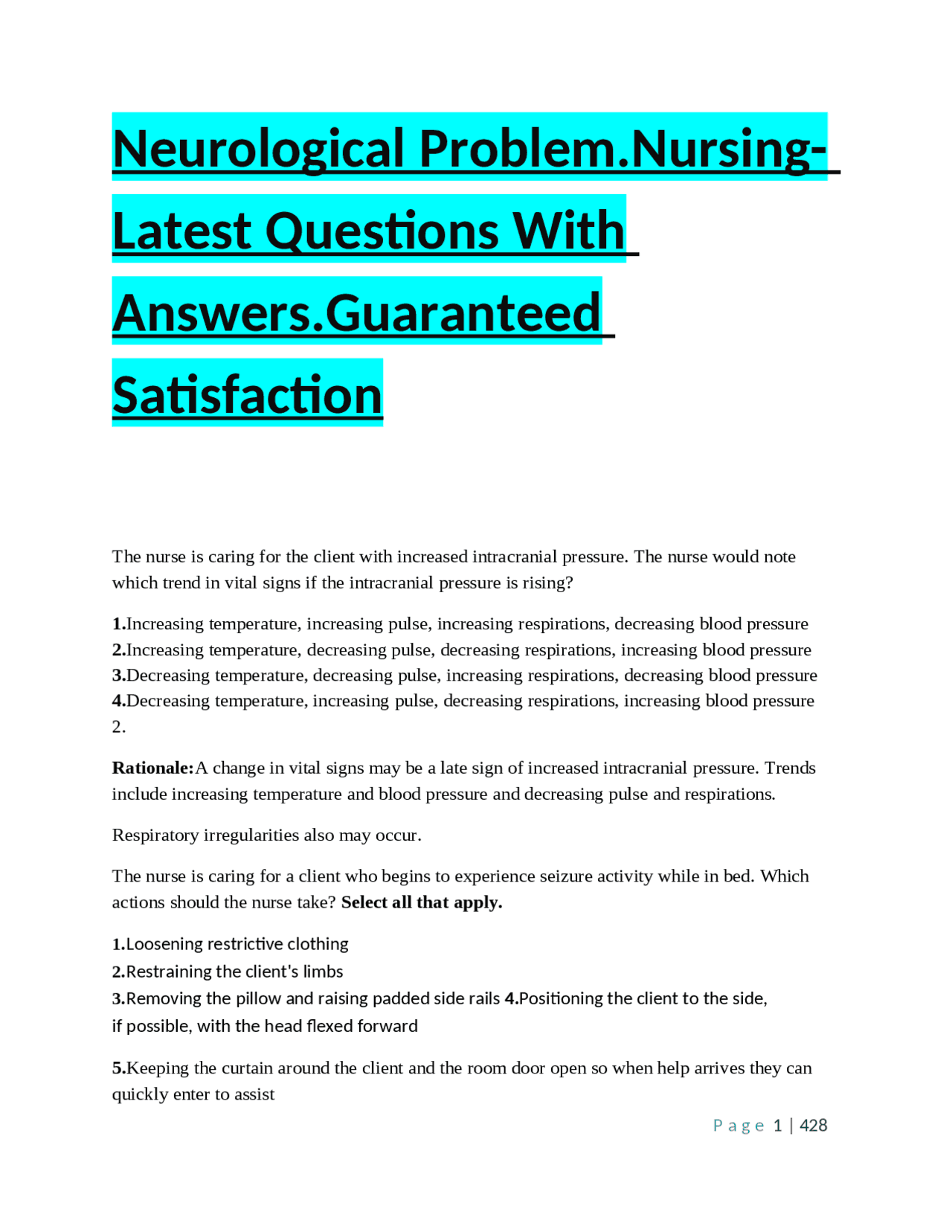 Neurological Problem Nursing: Latest Questions With Answers | Exams ...