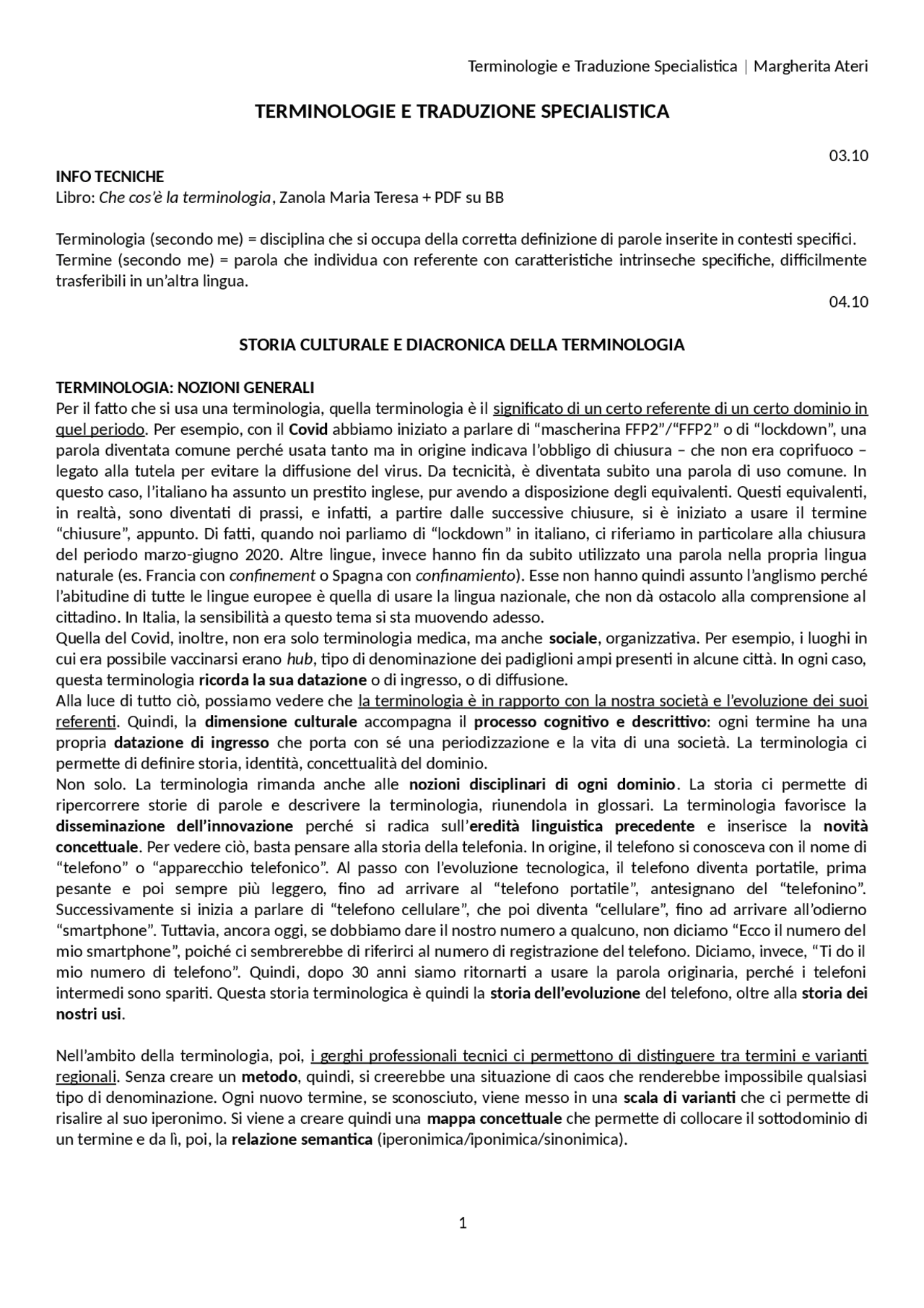terminologie e traduzione specialistica | Appunti di Traduzione | Docsity