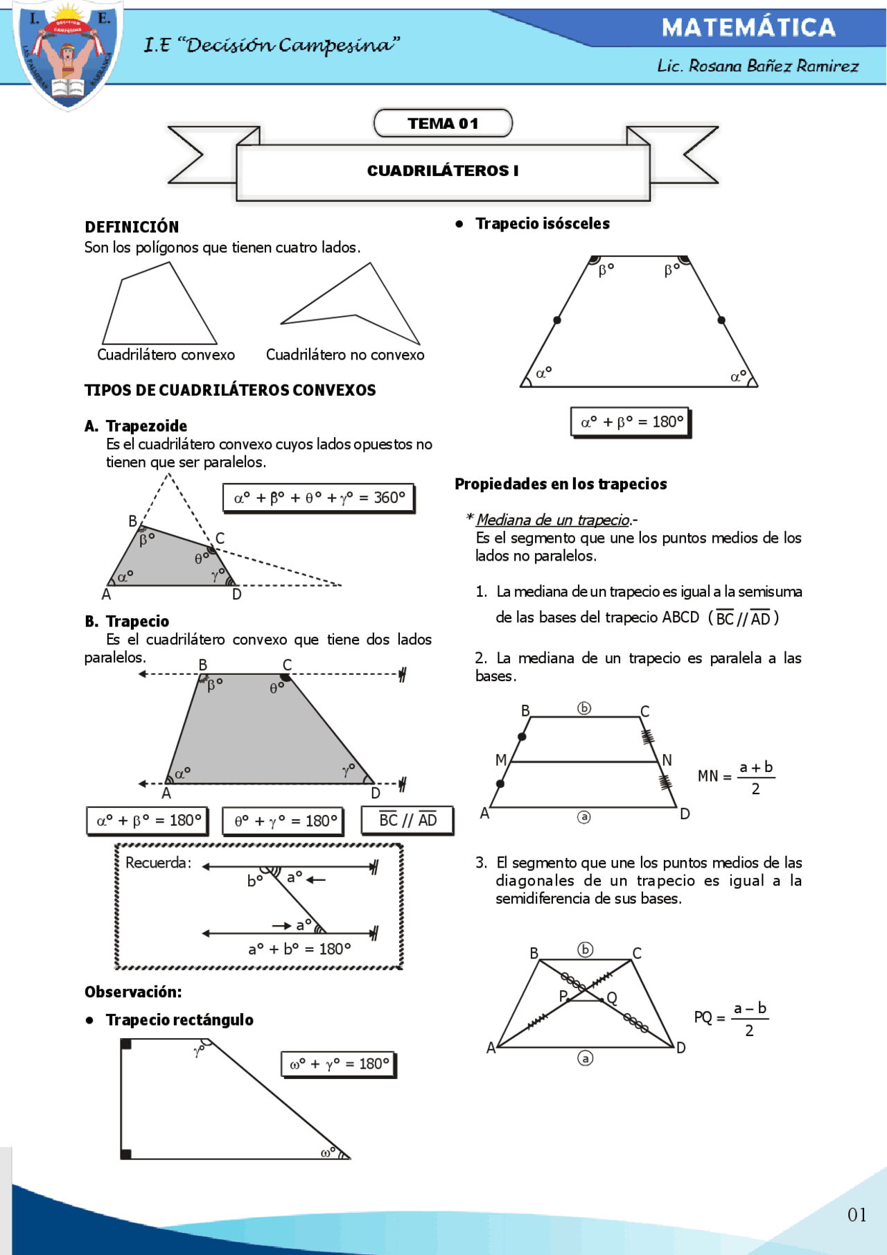 CUADRILATEROS TEOREMAS Y PROPIEDADES | Resúmenes de Matemáticas | Docsity