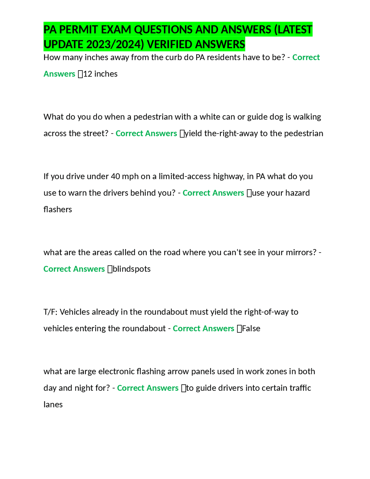 PA PERMIT EXAM QUESTIONS AND ANSWERS (LATEST UPDATE 2023/2024) VERIFIED ...