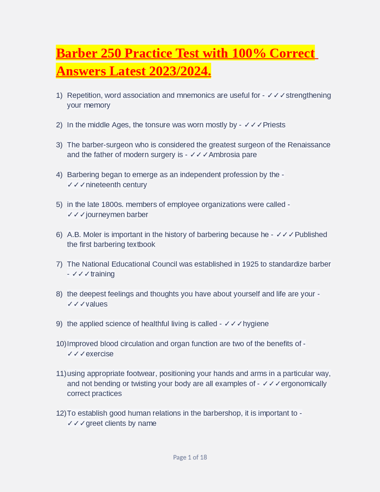 Barber 250 Practice Test with 100% Correct Answers Latest 2023/2024 ...