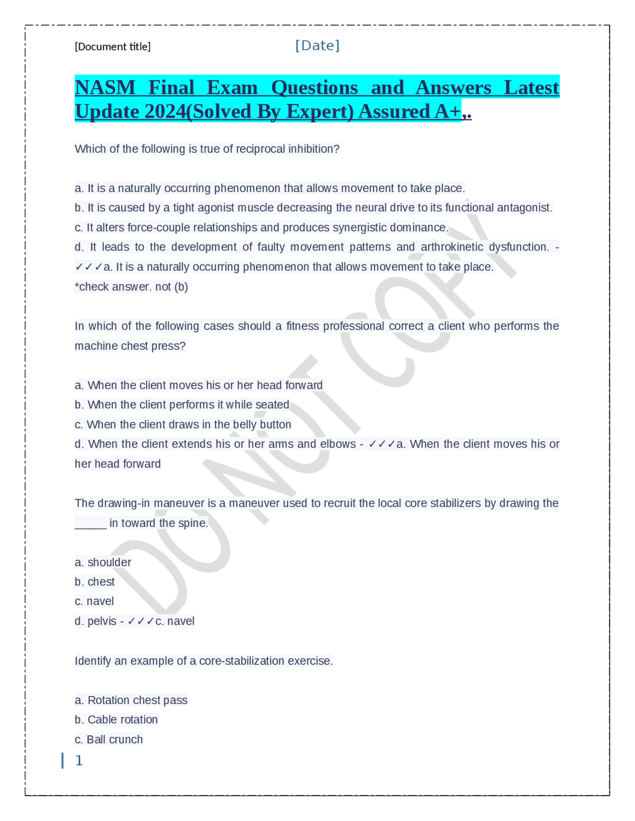 NASM Final Exam Questions and Answers Latest Update 2024(Solved By ...