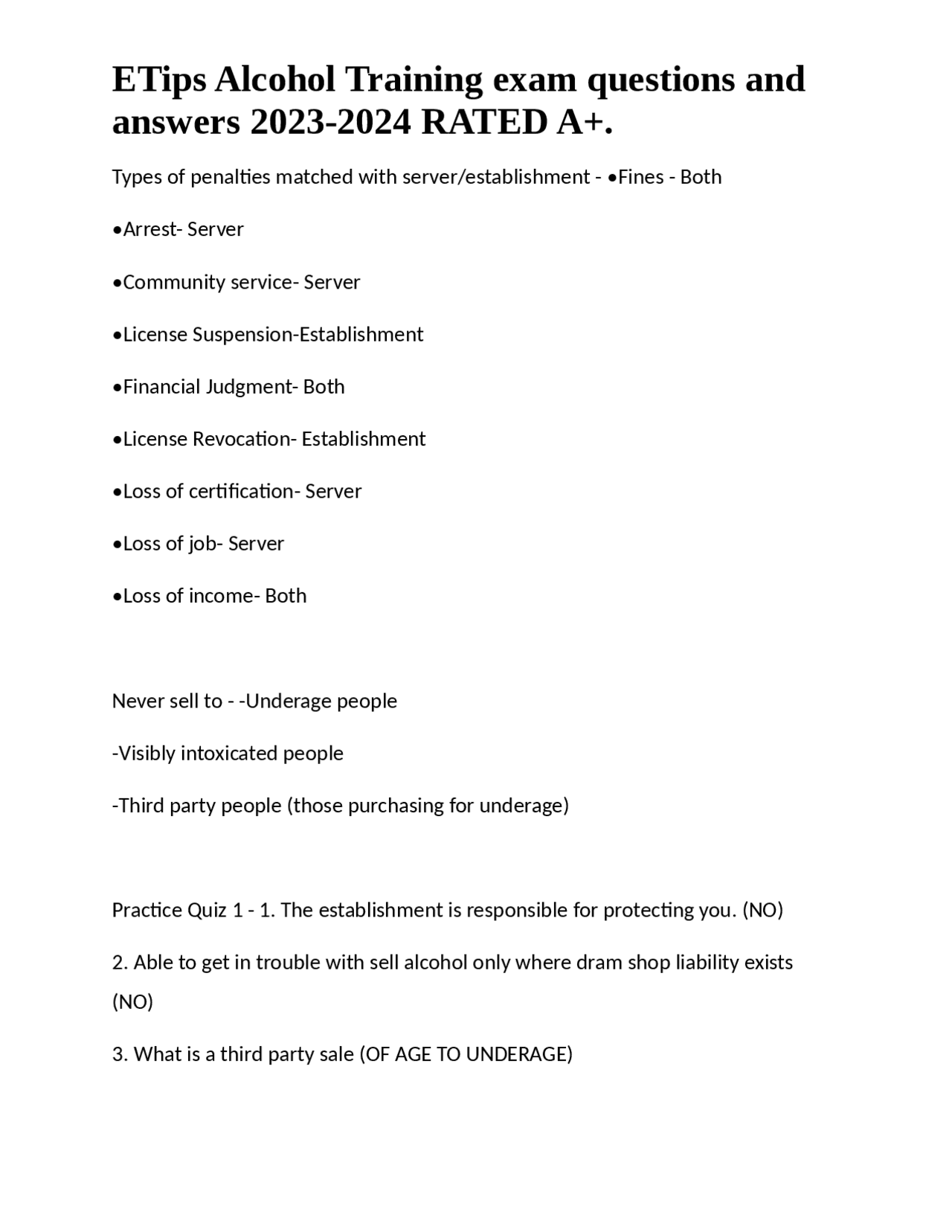 ETips Alcohol Training exam questions and answers 2023-2024 RATED A+ ...