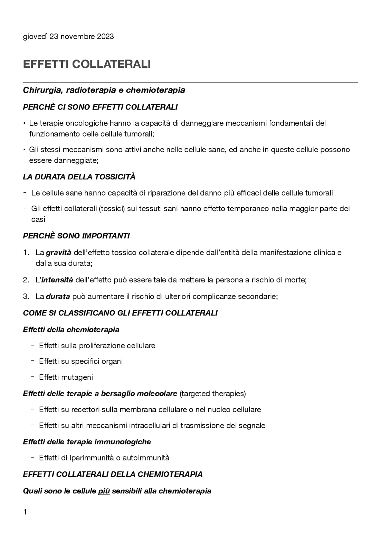 EFFETTI COLLATERALI DELLA CHEMIOTERAPIA E RADIOTERAPIA | Appunti di Oncologia | Docsity