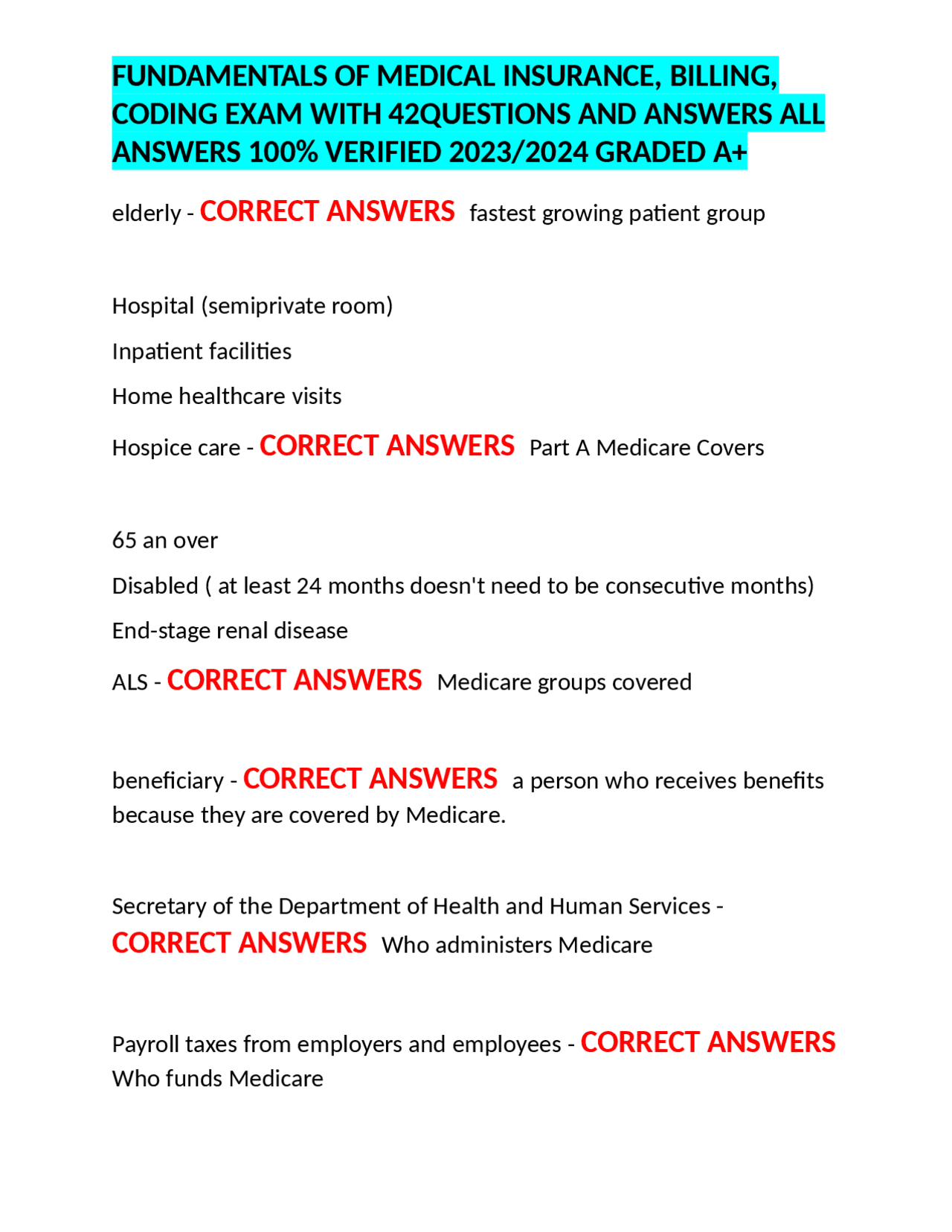 FUNDAMENTALS OF MEDICAL INSURANCE, BILLING, CODING EXAM WITH ...