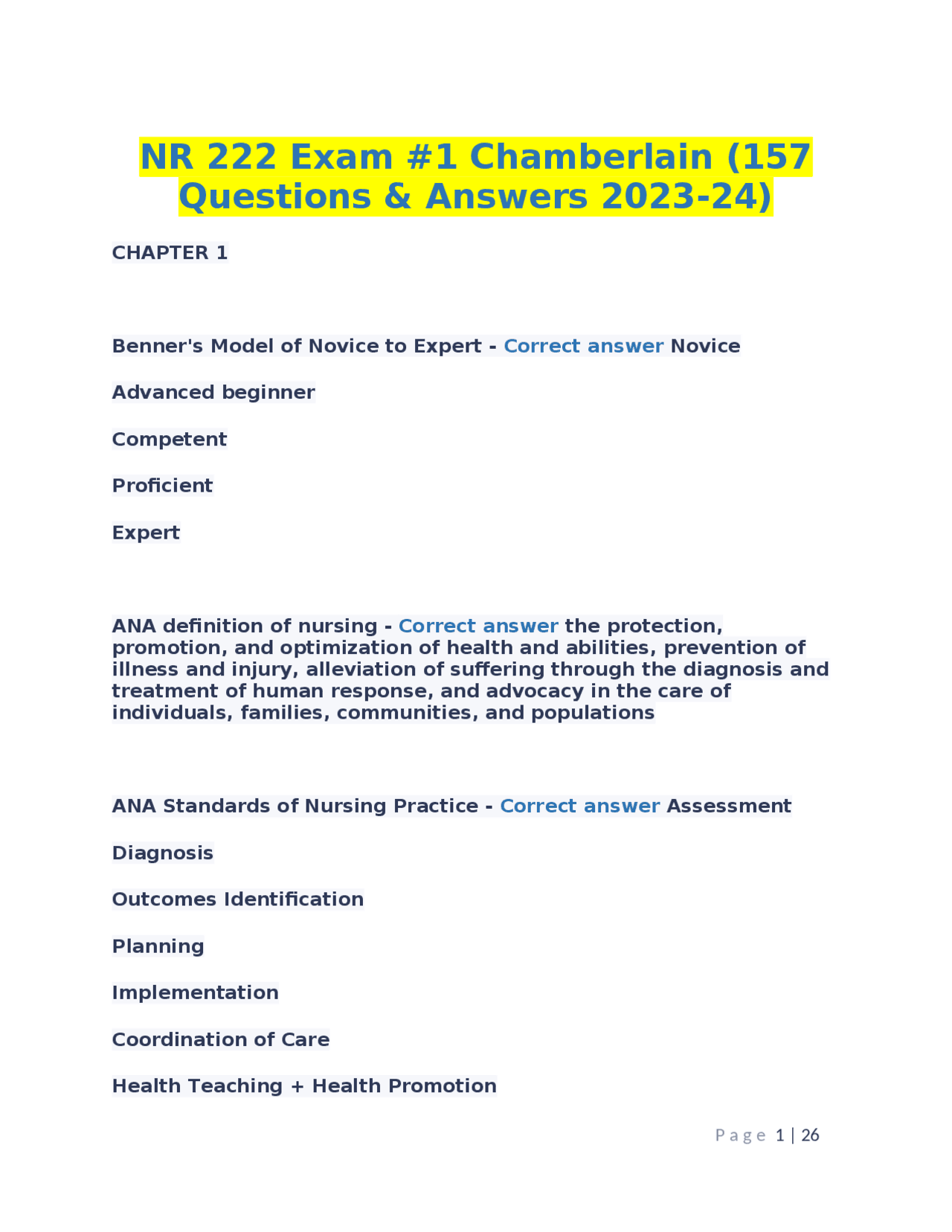 NR 222 Exam #1 Chamberlain (157 Questions & Answers 2023-24) CHAPTER 1 ...