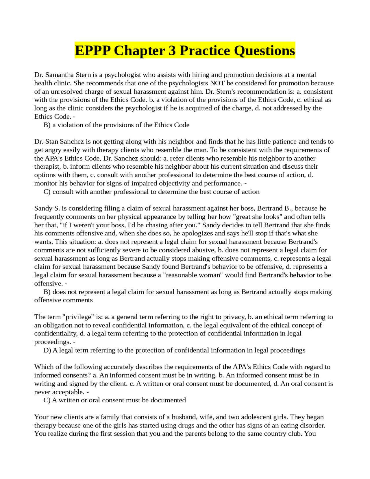 Practice Questions on Ethics Code for Psychologists | Exams Psychology | Docsity