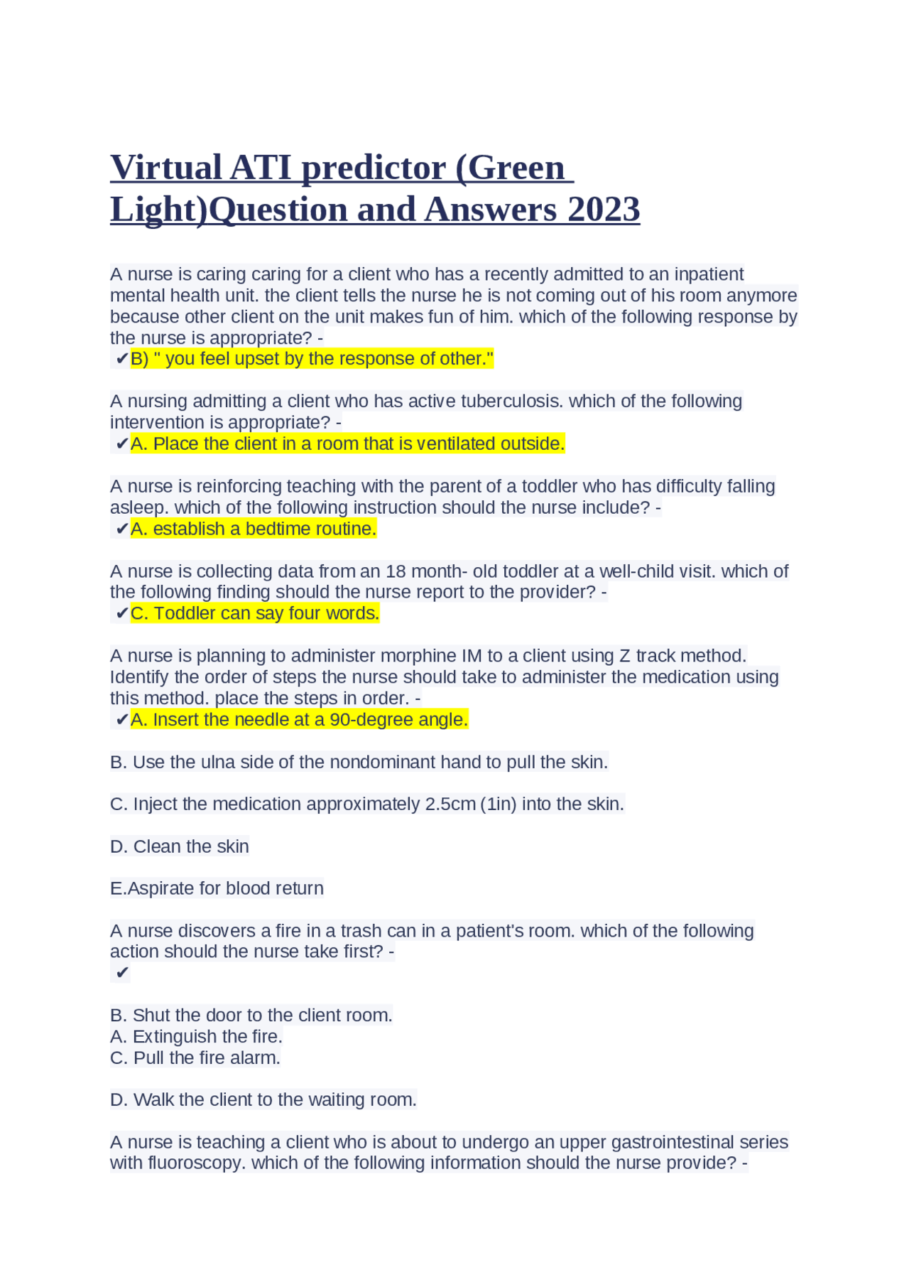Virtual ATI predictor (Green Light)Question and Answers 2023 | Exams ...