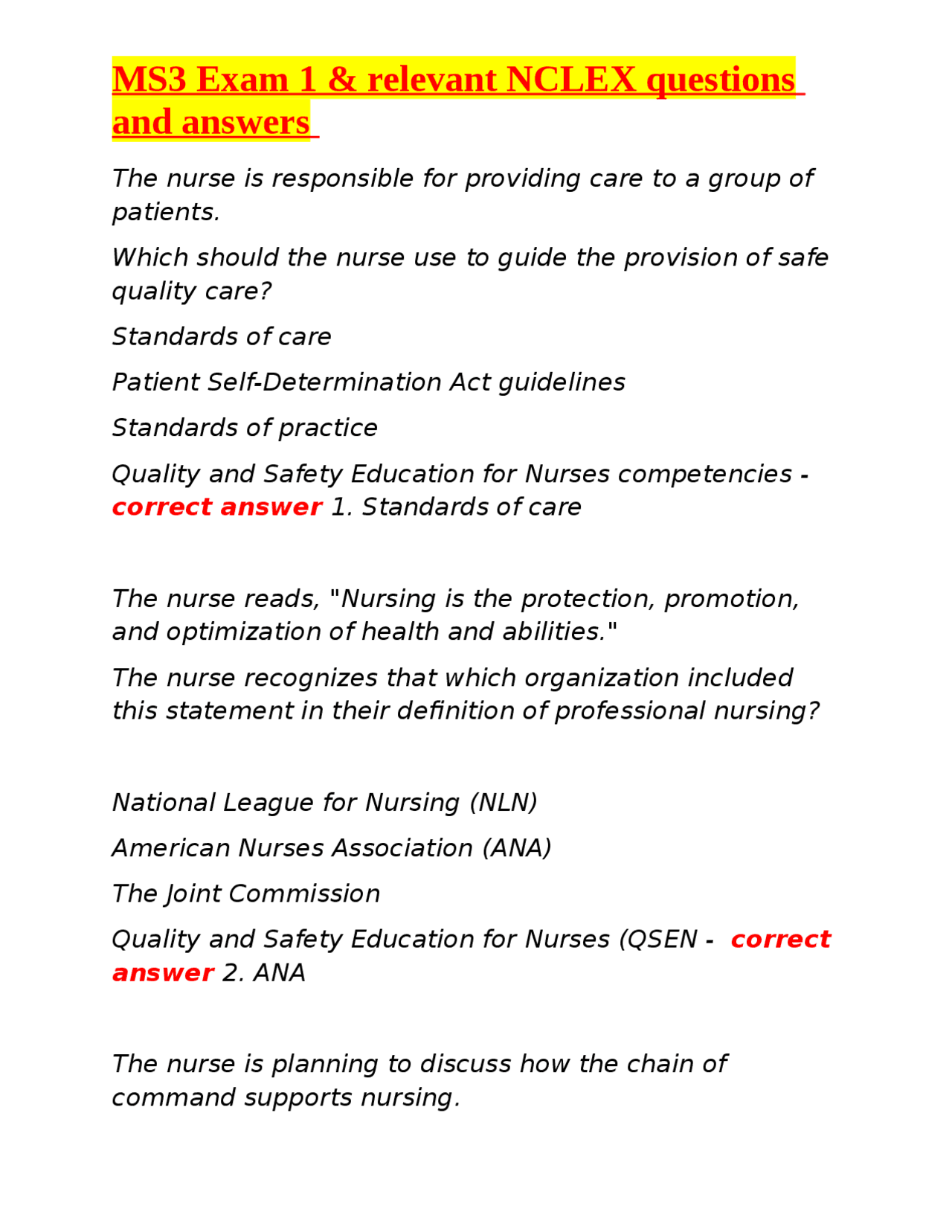 MS3 Exam 1 & relevant NCLEX questions and answers | Exams Nursing | Docsity