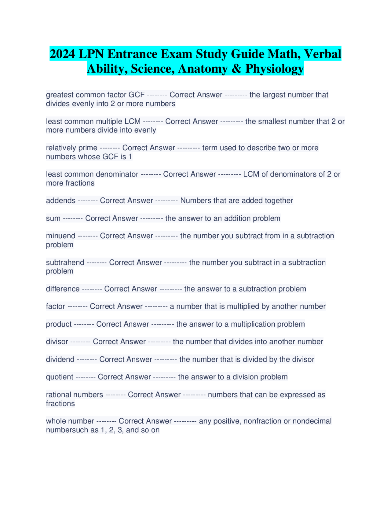 2024 LPN Entrance Exam Study Guide Math, Verbal Ability, Science ...