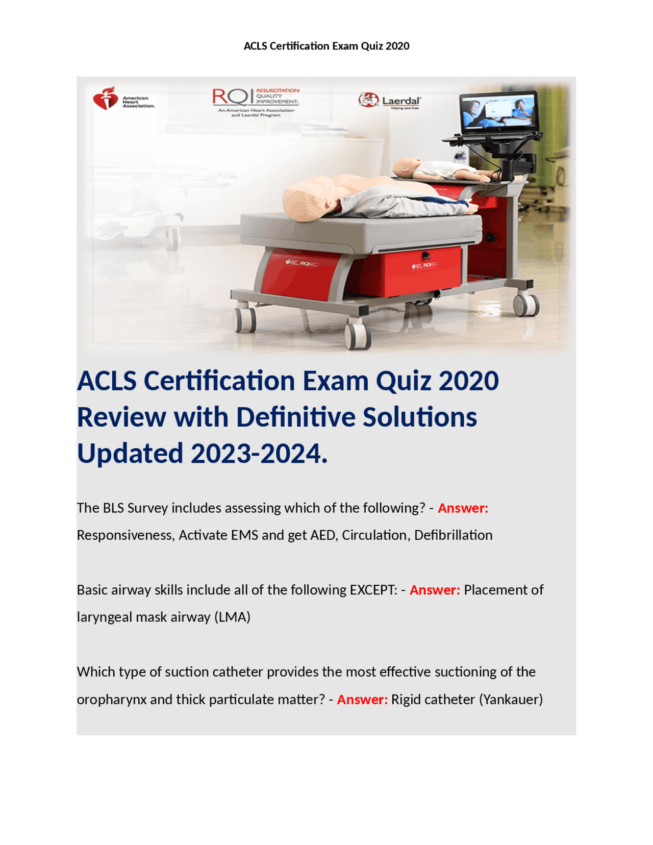 ACLS Certification Exam Quiz 2020 Review | Exams Nursing | Docsity