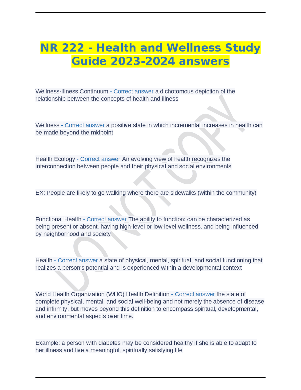 Health and Wellness Study Guide | Exams Sociology of Health and Illness | Docsity