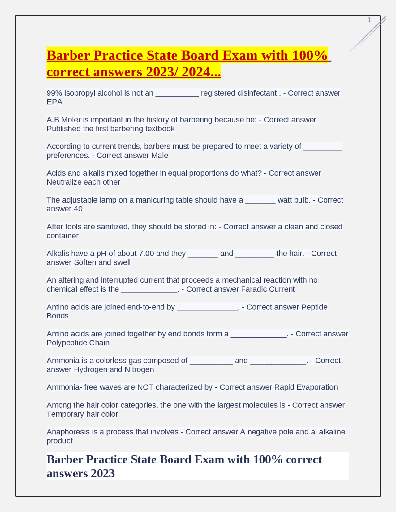 Barber Practice State Board Exam with 100% correct answers 2023/ 2024 ...