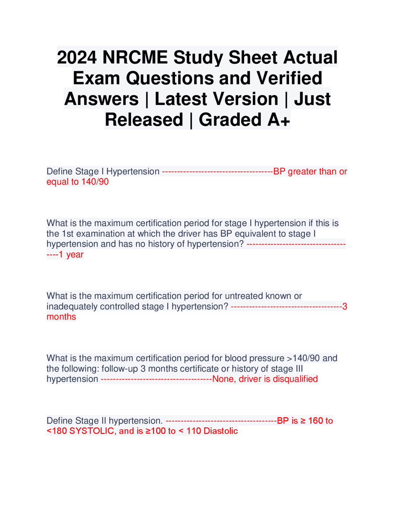 2024 NRCME Study Sheet Actual Exam Questions and Verified Answers ...