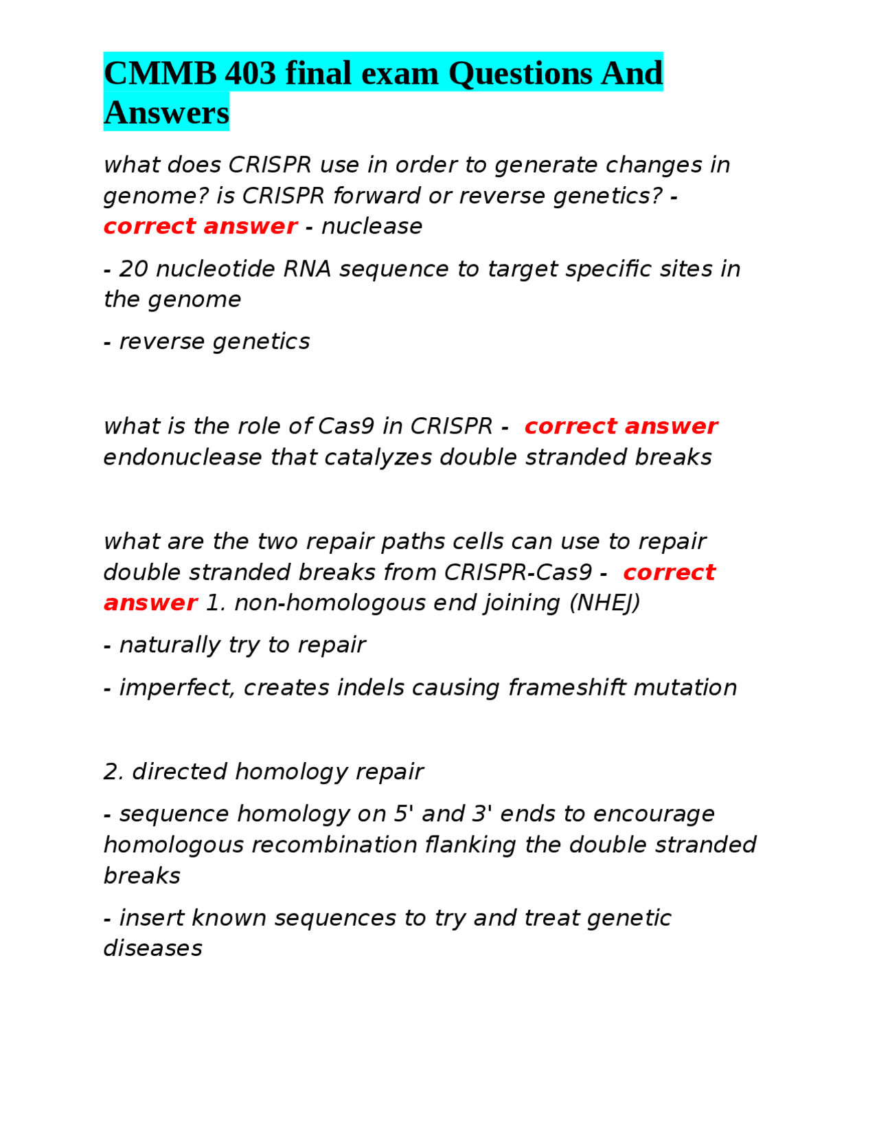 CMMB 403 final exam Questions And Answers | Exams Nursing | Docsity