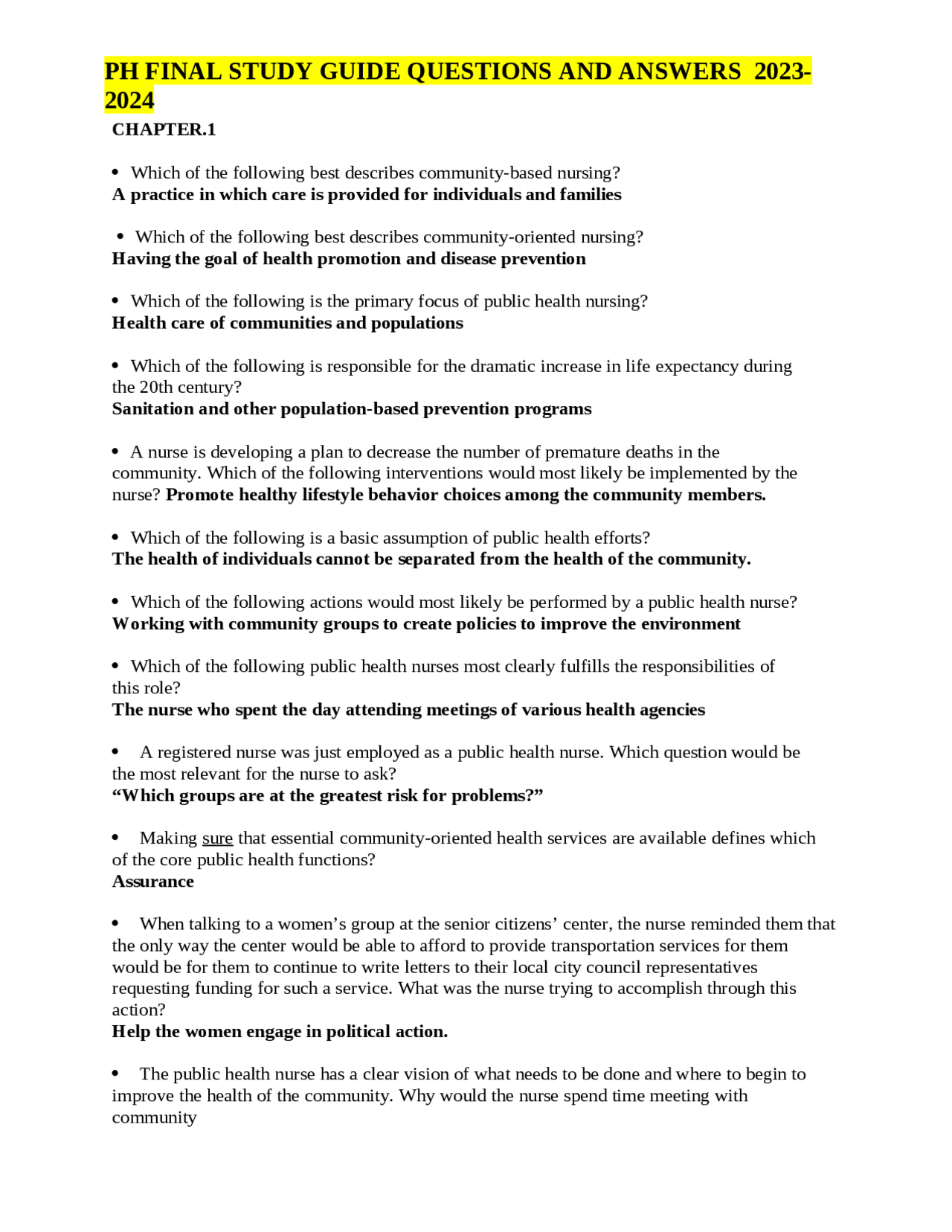 PH FINAL STUDY GUIDE QUESTIONS AND ANSWERS 2023-2024 | Exams Nursing | Docsity