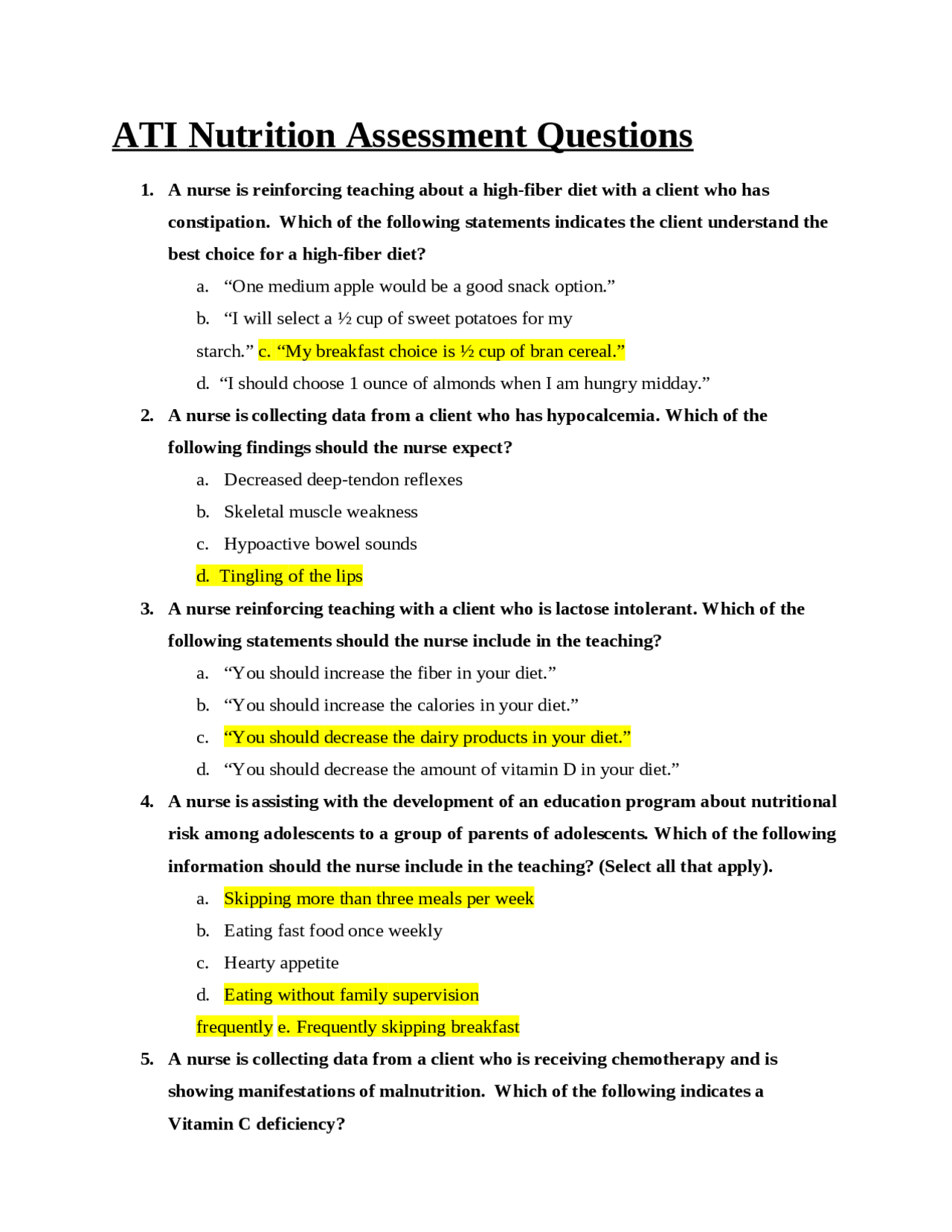 ATI Nutrition Assessment Questions | Exams Nutrition | Docsity