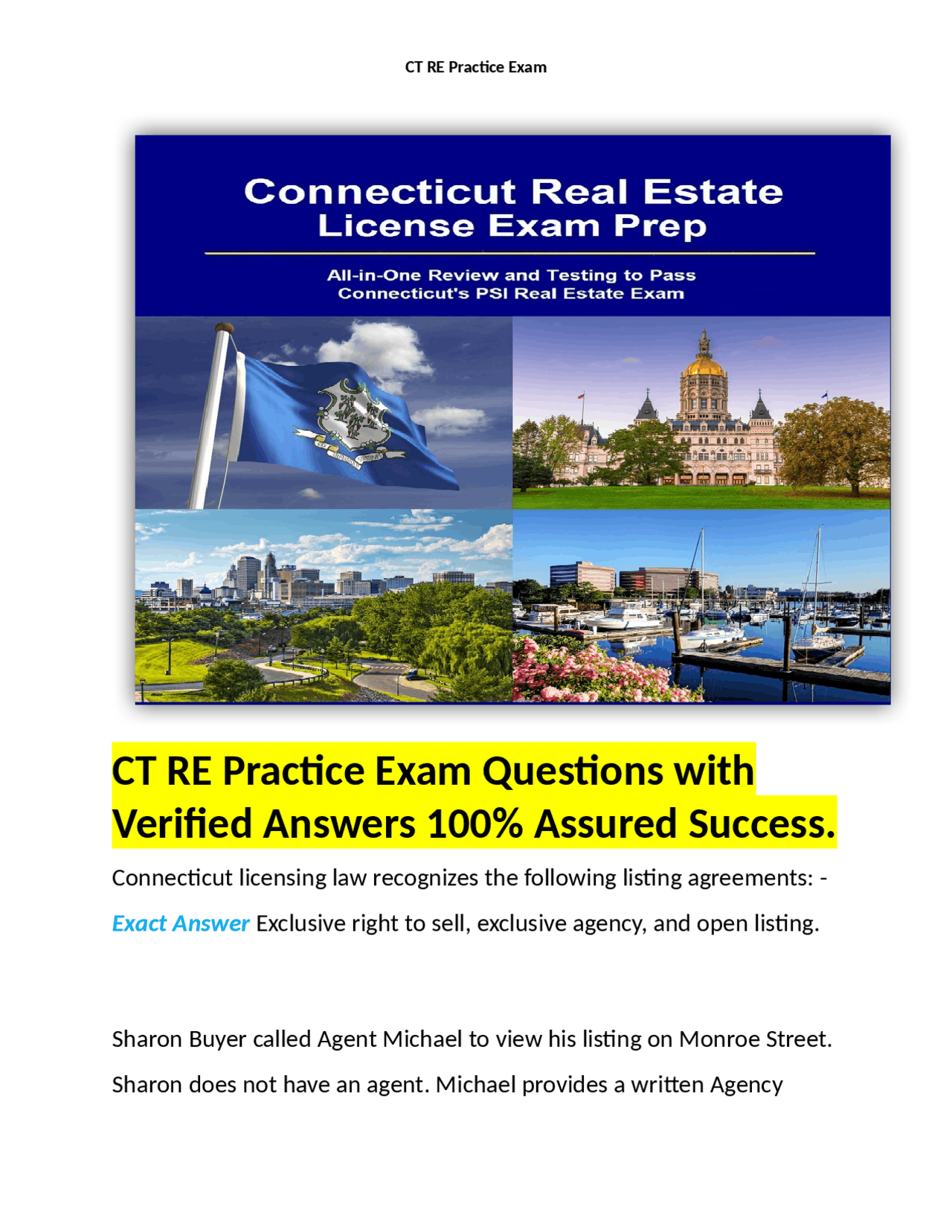 CT RE Practice Exam Questions with Verified Answers 100% Assured ...