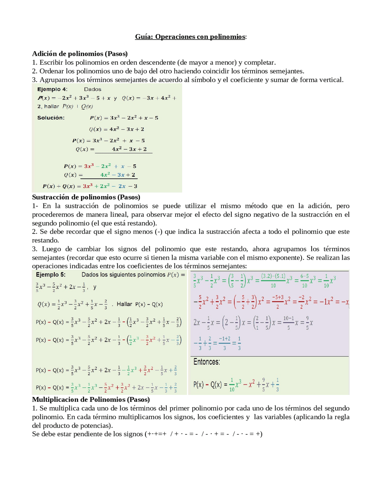 Guía para operaciones con polinomios: Adición, sustracción ...