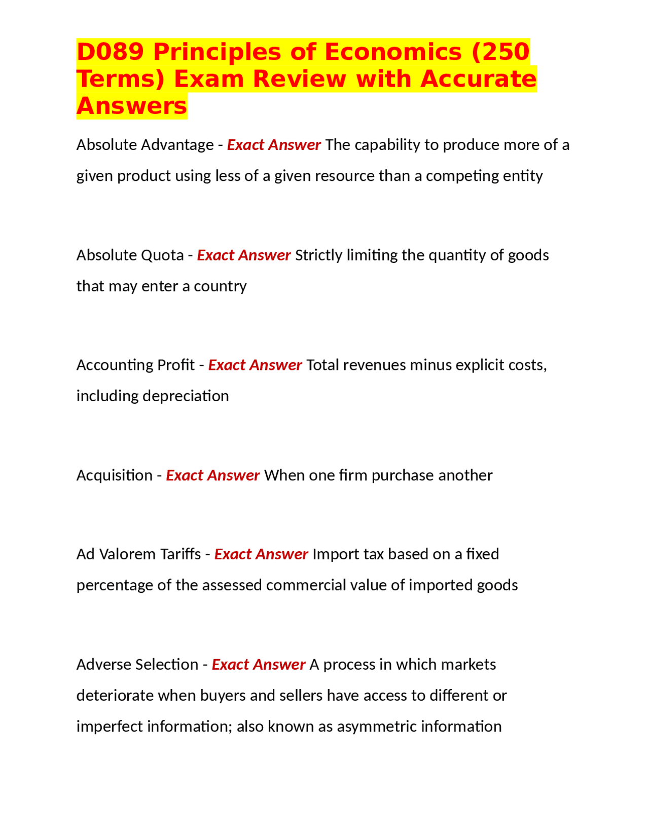 Principles of Economics Exam Review | Exams Nursing | Docsity