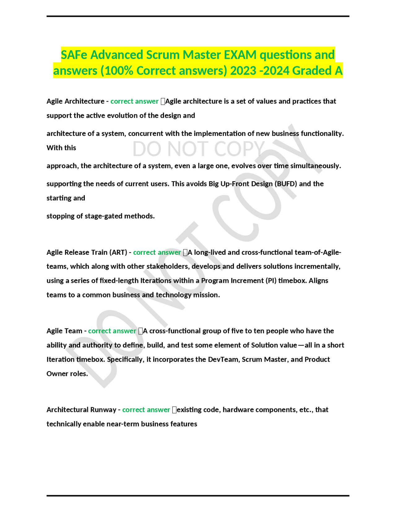 Safe Advanced Scrum Master Exam Questions And Answers 100 Correct Answers 2023 2024 Gr