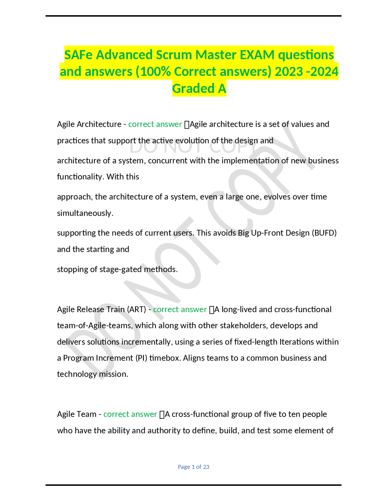 SAFe Advanced Scrum Master EXAM questions and answers (100% Correct answers) 2023 -2024 Gr ...