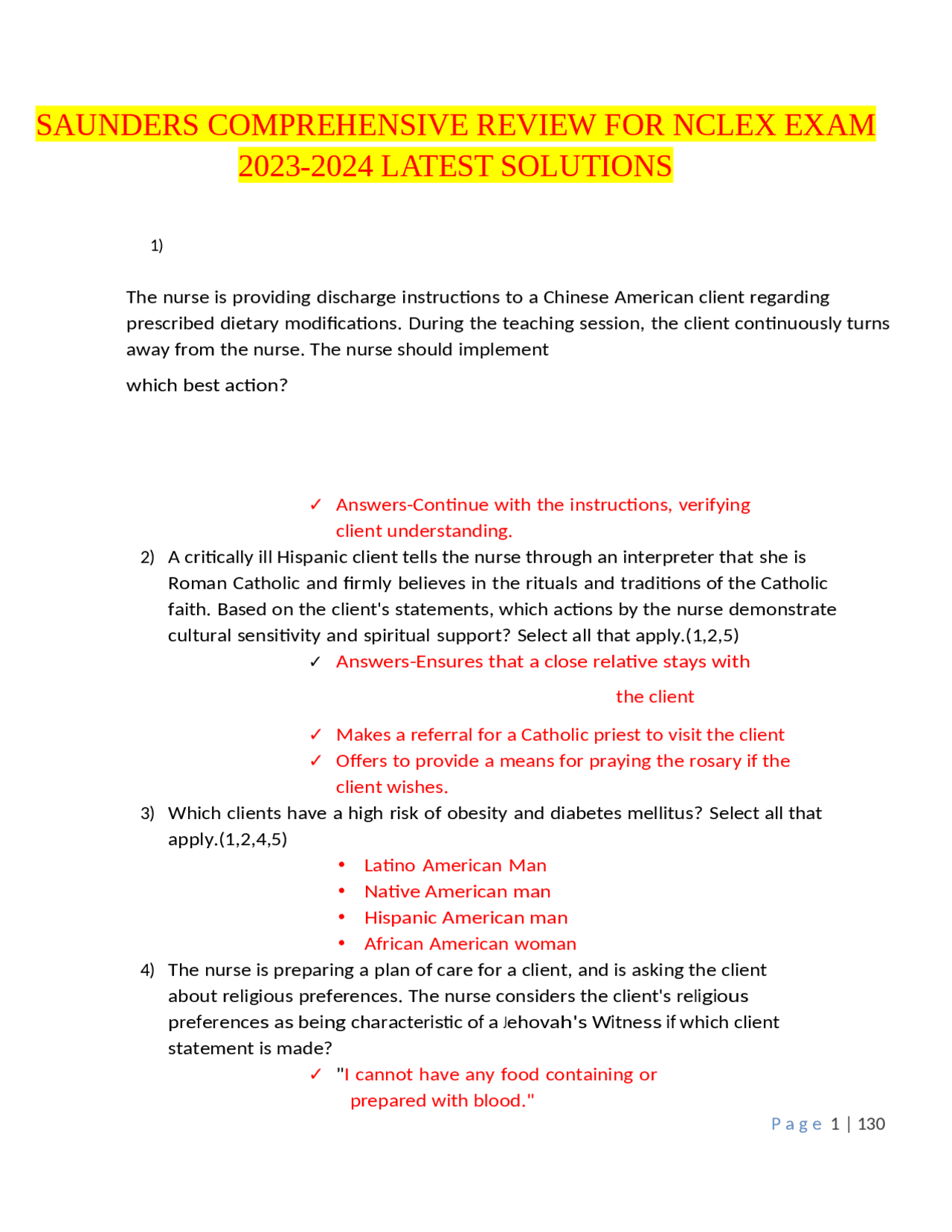 SAUNDERS COMPREHENSIVE REVIEW FOR NCLEX EXAM 2023-2024 LATEST SOLUTIONS ...